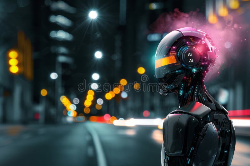 AI Enhanced Robotic Head in Urban Nightscape, Representing Advanced Technology, Artificial ...