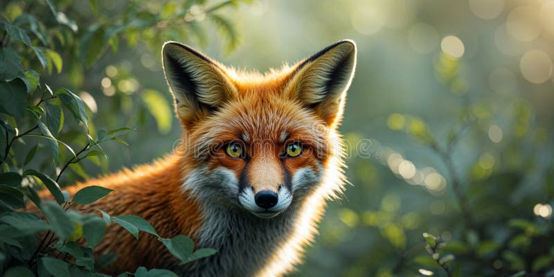 Enigmatic Fox Peering through Lush Greenery in Soft Light. Stock Image ...