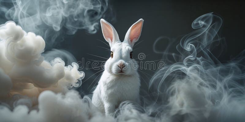 Enigmatic White Rabbit Emerging from Mysterious Smoke Background Stock ...