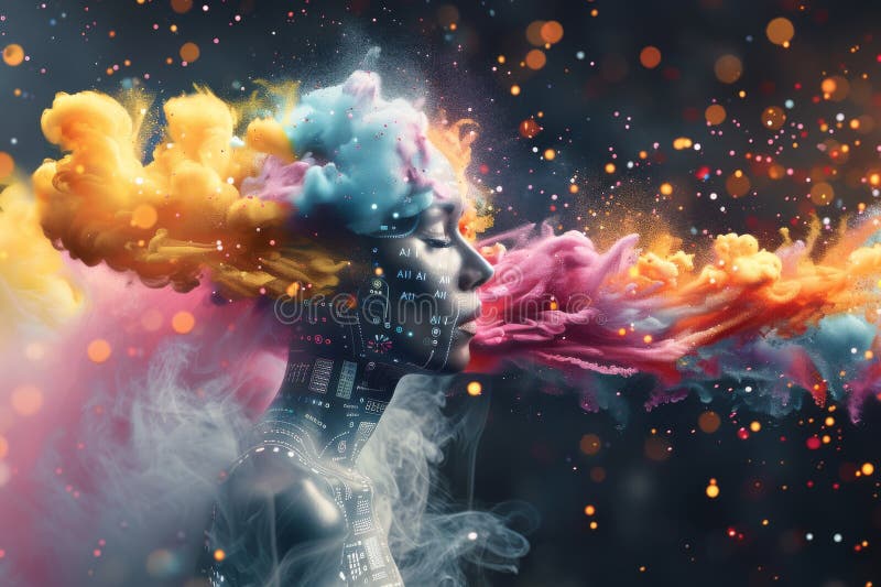 Explosive AI Brain with Colorful Smoke, Symbolizing Creative Artificial ...