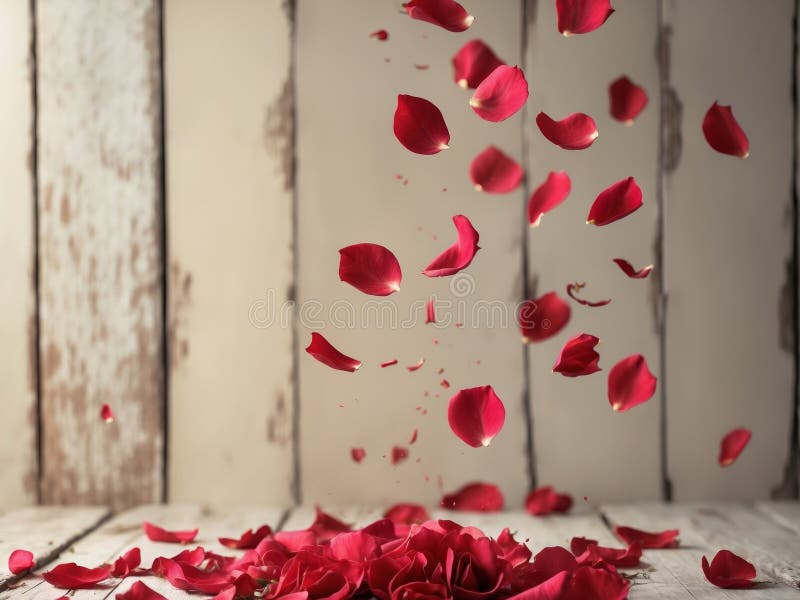 Falling Red Rose Petals on Rustic Wooden Background with Soft Light ...