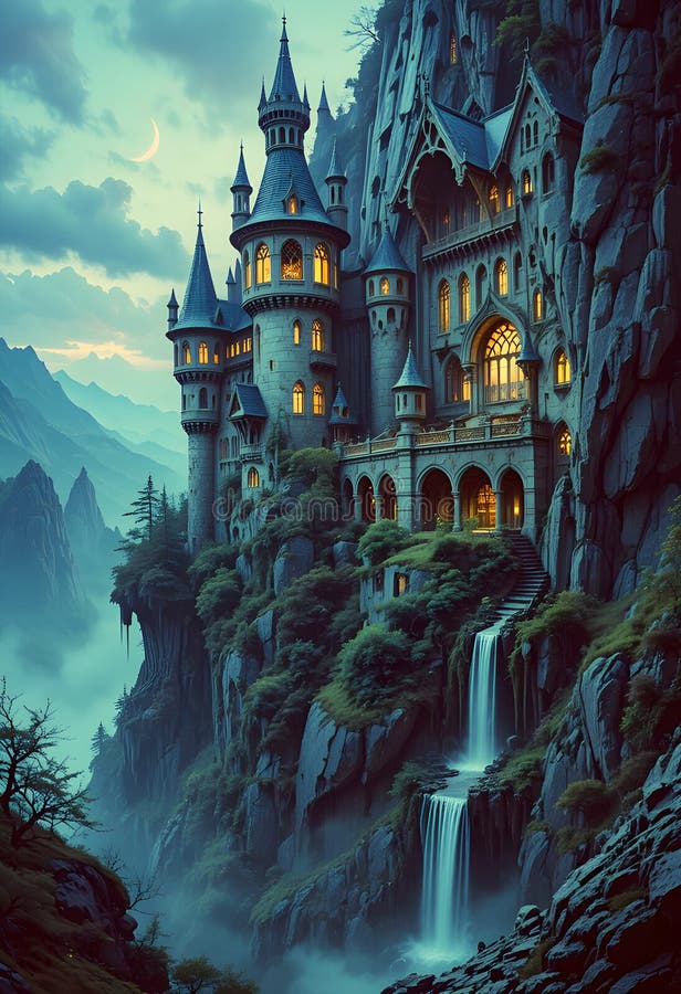 Fantasy Castle on Mountain Cliff with Waterfall Stock Illustration ...
