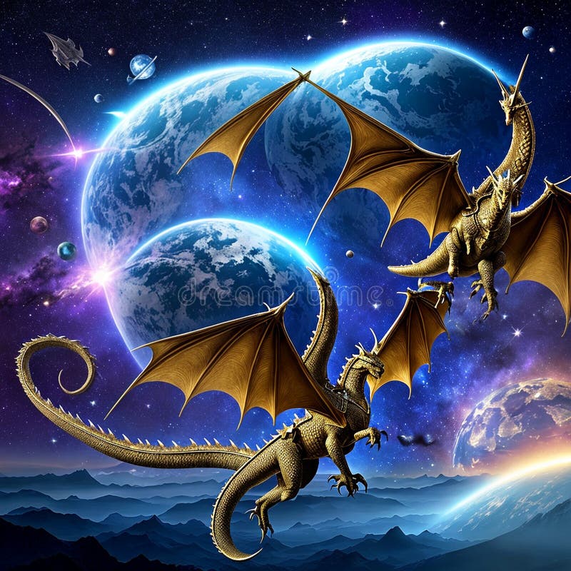 Fantasy Dragons in Colorful Space - AI Generated Stock Illustration ...