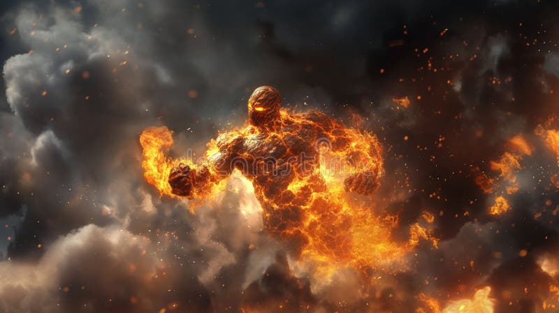 AI-generated Fiery Humanoid Figure Emerges from Dark, Swirling Clouds ...