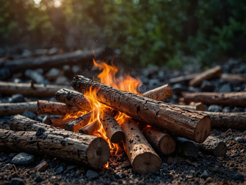 A Fire is Burning on a Pile of Rocks and Logs. Stock Illustration ...