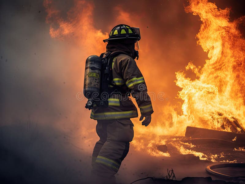 AI Generated Firefighter in Protective Gear Tackling a Raging Fire ...
