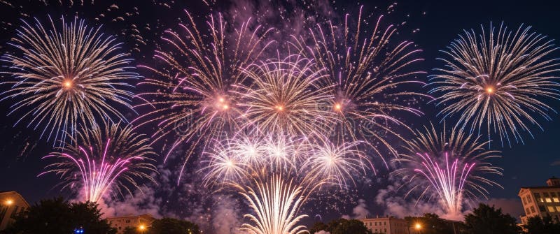 Fireworks Exploding Over the Ocean at Night Stock Photo - Image of ...