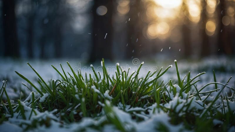The First Snow on the Green Grass is the Beginning of Winter. Stock ...