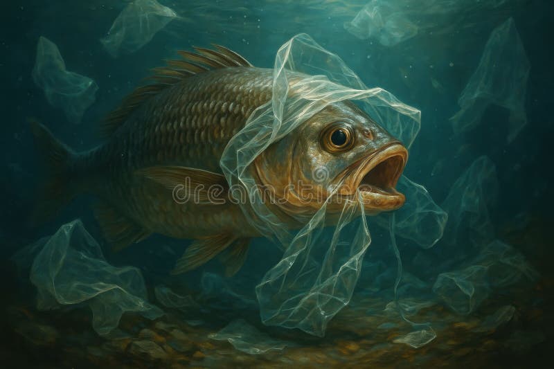 AI-generated Fish Entangled in Plastic Underwater, Highlighting Ocean ...