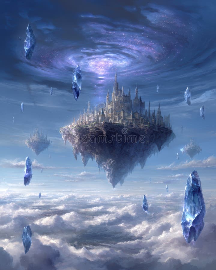 Fantasy Floating Island with Magical Sky Stock Illustration - Illustration of rocks, structure ...