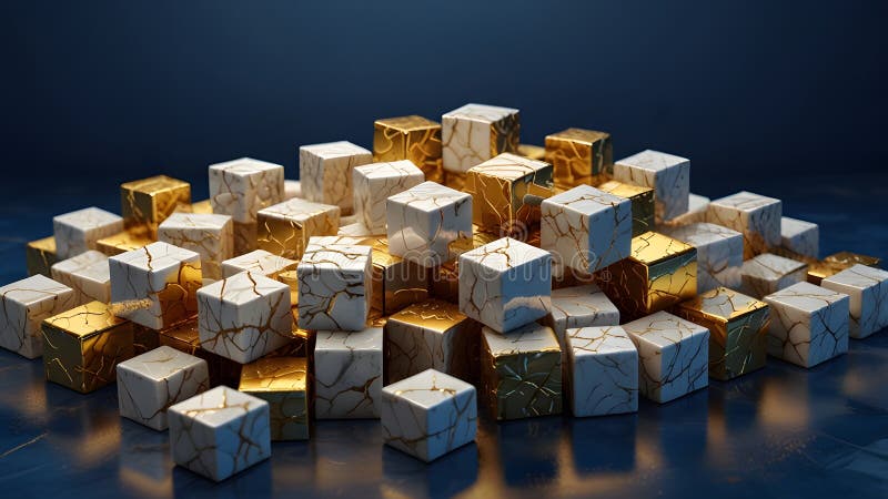 Floating Marble Cubes in White and Gold on Royal Blue Background with ...
