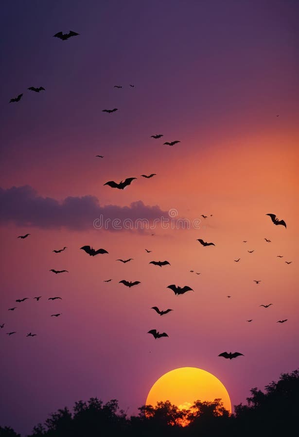 A Flock of Bats Fly in the Sky at Sunset with the Sun Behind Them Stock ...