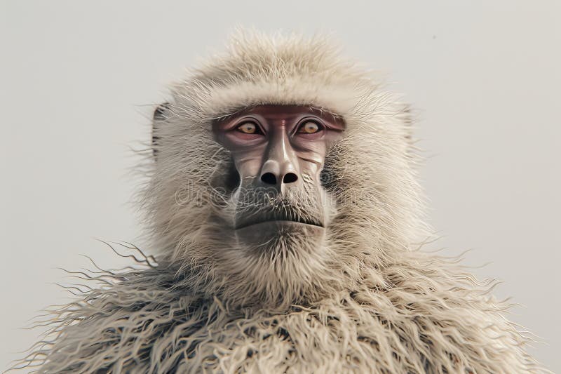 Fluffy Baboon with Serious Expression on White Background Stock ...