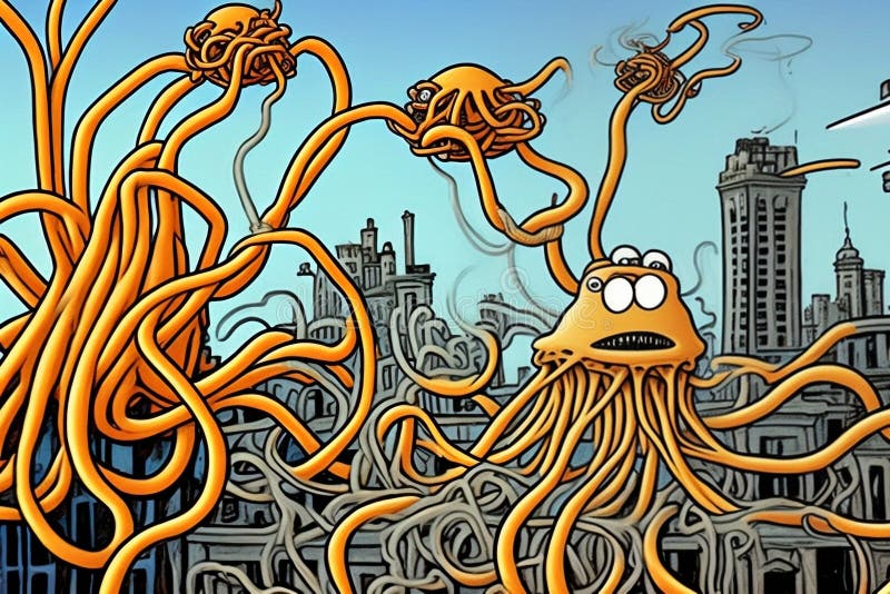 Flying Spaghetti Monster Attacks a City Stock Illustration ...