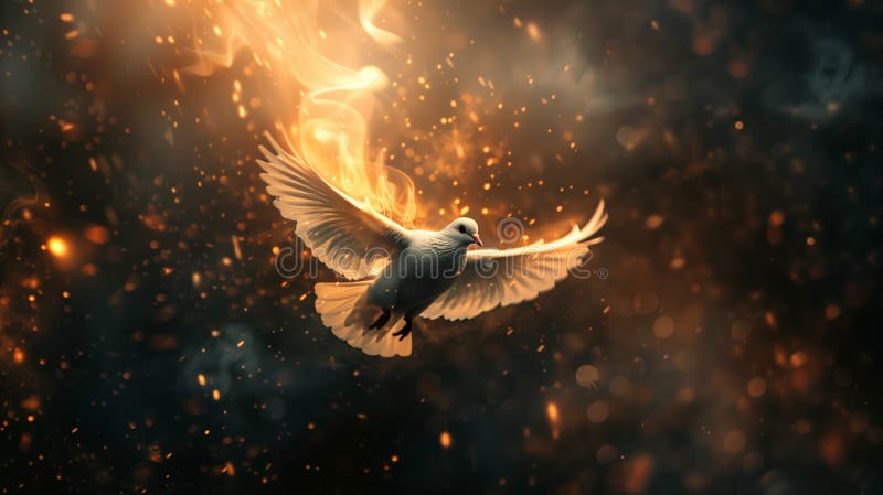 AI Generated Flying White Dove with Fire Effect on Dark Background ...