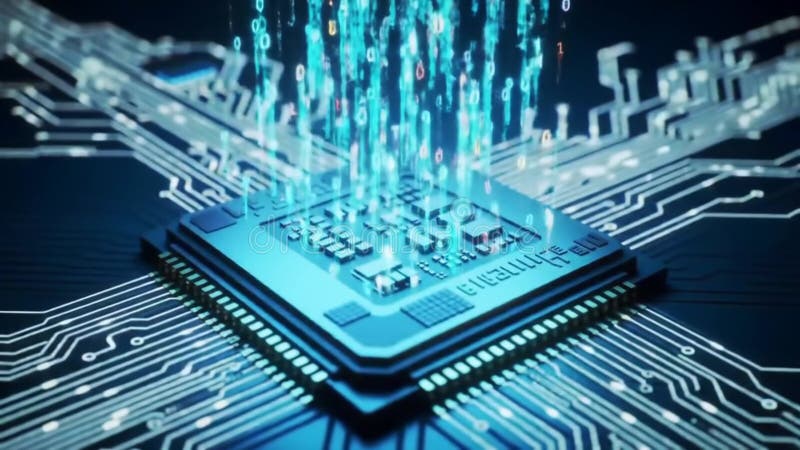 Teal Cpu on a Circuit Board Flowing with Digital Binary Data in Dark ...