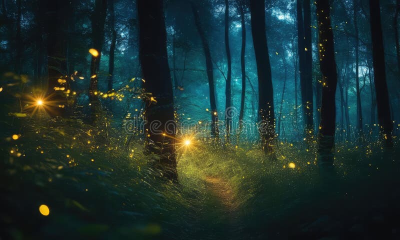 A Forest with Glowing Fireflies in the Background. Stock Illustration ...