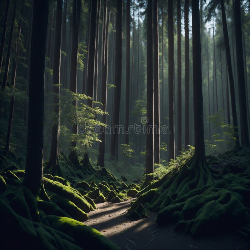 AI Generated Forest Surrounded by Dense Trees Stock Photo - Image of ...