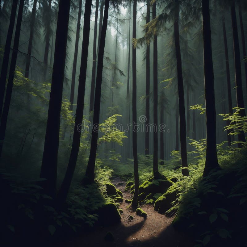 AI Generated Forest Surrounded by Dense Trees Stock Photo - Image of ...