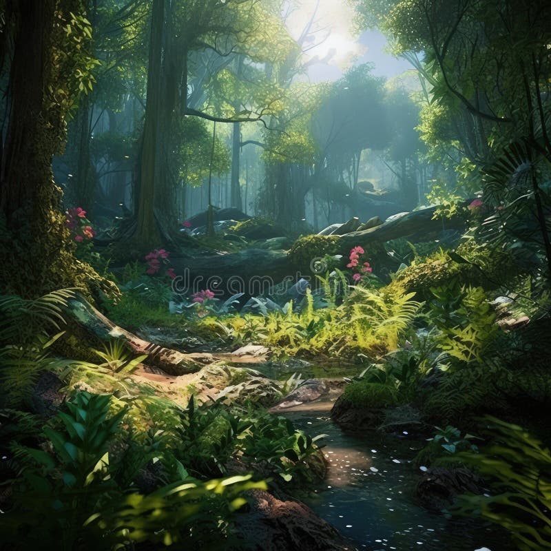 AI Generated Forest Surrounded by Growing Lush Trees Stock Photo ...