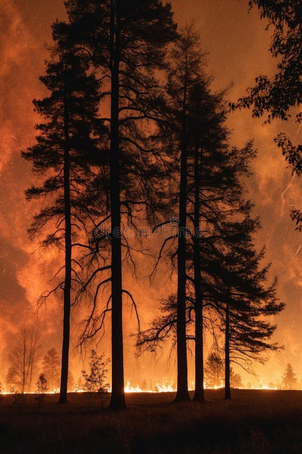 Forest Trees in the Meadow Illuminated by a Wildfire at Night. Stock ...