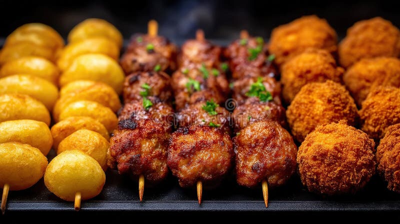 Four Types of Skewered Foods Arranged in Parallel Rows Including Eggs ...