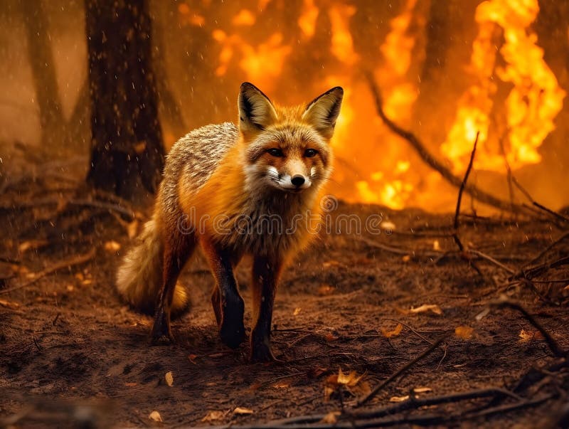 AI Generated Fox Standing in Burning Forest Stock Illustration ...