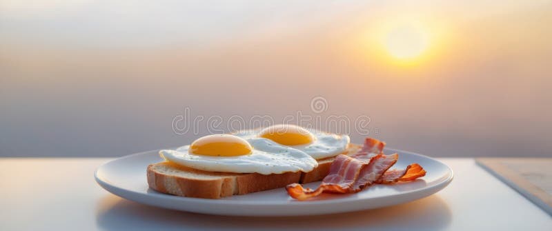 Fresh Breakfast Plate with Fried Eggs and Crispy Bacon at Sunrise Stock ...