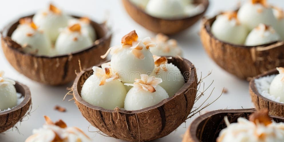 Fresh Coconut Desserts in Rustic Coconut Shells Stock Image - Image of ...