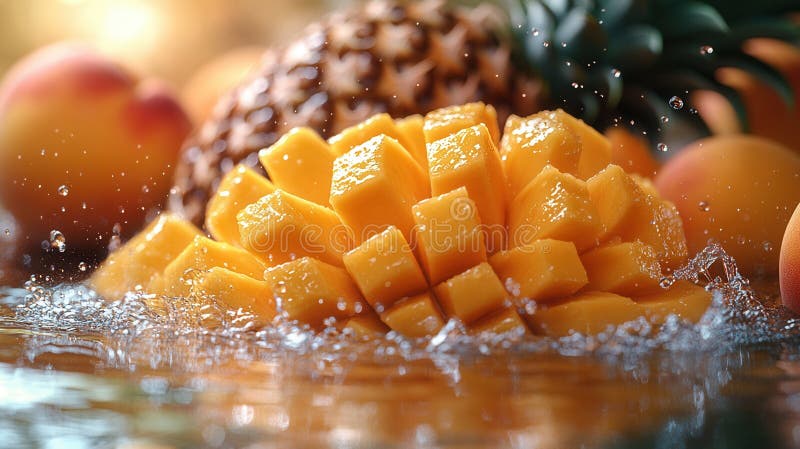 AI Generated Fresh Cut Mango Splashing in Water with Pineapple and ...