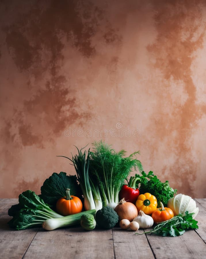 Fresh Vegetables Border on Rustic Brown Background Stock Photo - Image ...