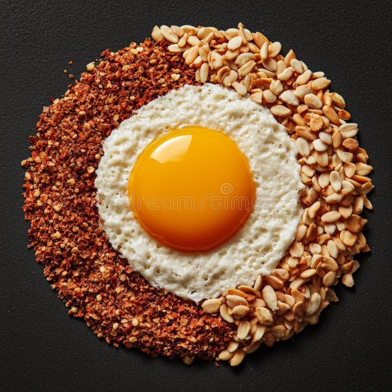 Fried Egg Placed at Center of Crispy Grain Circle on Black Plate in ...