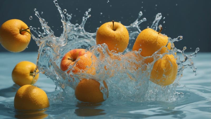 Fruit Splashing in Water with Yellow Background. Stock Illustration ...
