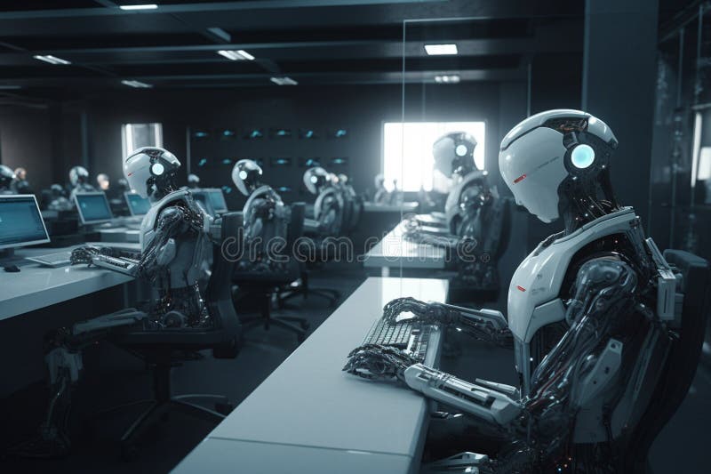 Humanoid Robot Working in Modern Smart Office, Future Technology Concept 3d Rendering, Toned ...