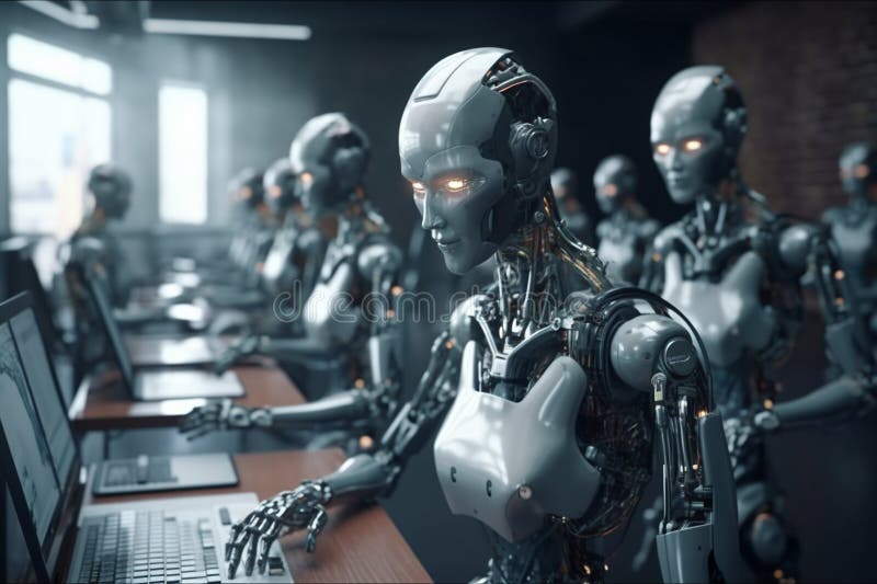 Humanoid Robot Working in Modern Smart Office, Future Technology Concept 3d Rendering, Toned ...