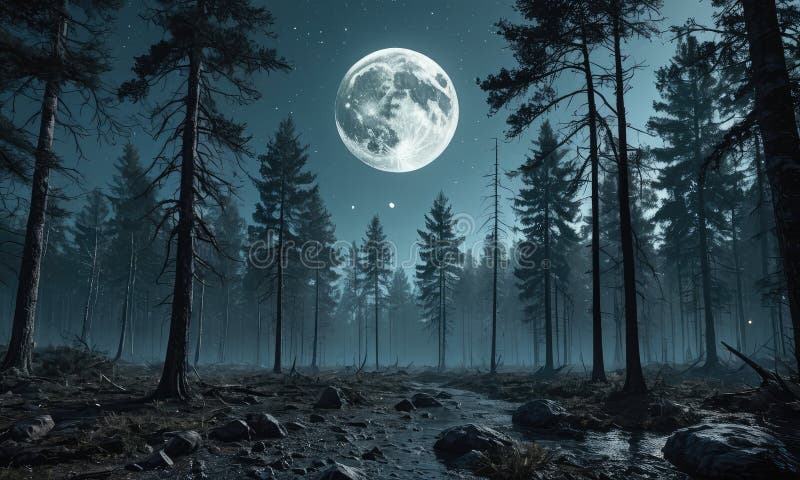 A Moonlit Forest with a Full Moon in the Background. Stock Illustration ...