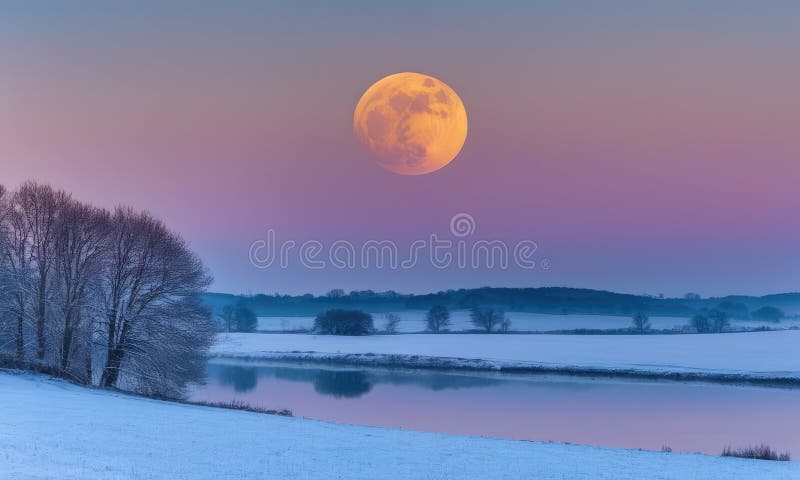 A Full Moon is Seen in the Sky Over a Snow Covered Field. Stock ...