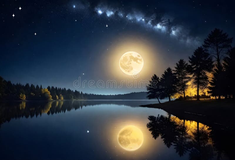 A Full Moon is Reflected in the Water and the Moon is Shining Stock ...