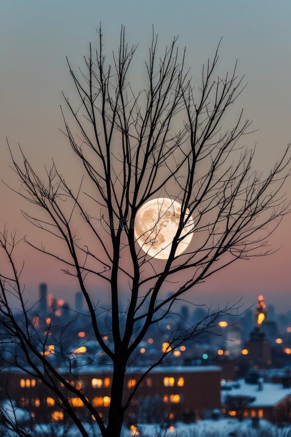 Full Moon Shining through Bare Tree Branches Above City Buildings ...