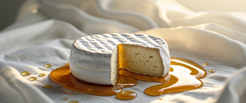 Full Wheel of Brie Cheese Split Open with Honey Drizzle and Golden ...
