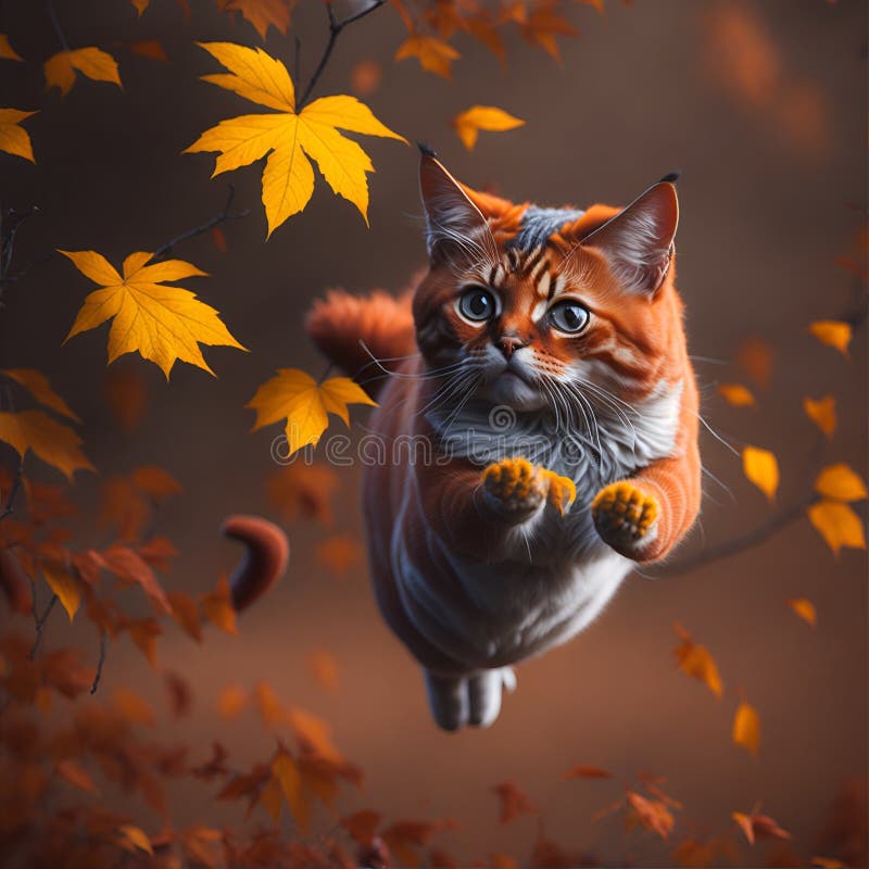Funny Red Cat Flying in the Air in Autumn. Ai Generated Stock ...