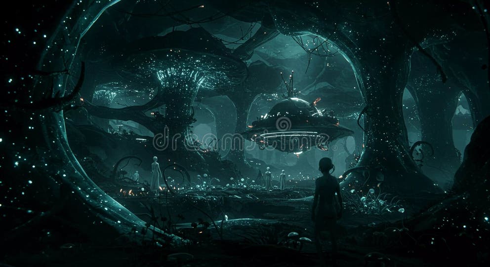 Futuristic Alien Forest with Glowing Trees and Spaceship. Stock ...