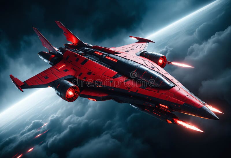 A Futuristic Black Spaceship with Glowing Red Engines and Lights Stock ...