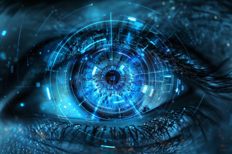 Futuristic Blue Digital Eye with Technology Elements, Circuits, and ...