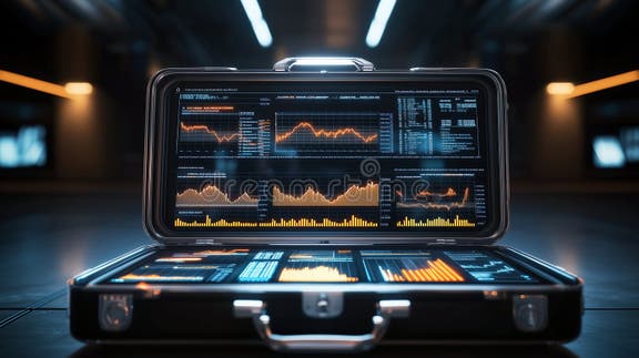 A Futuristic Briefcase Displays Multiple Digital Screens Showing Graphs ...