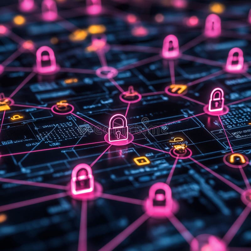 Futuristic Cybersecurity Network with Glowing Locks. Stock Illustration ...