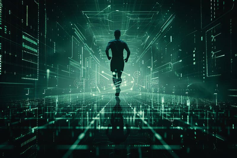 Futuristic Digital Runner in Neon Cyber Cityscape with Holographic Data ...