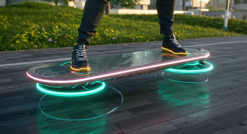 Futuristic Hoverboard with Neon Lights in Use. Stock Illustration ...