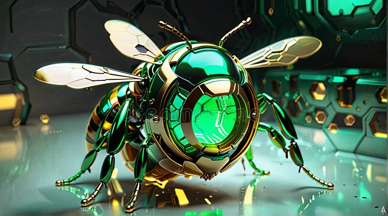 Golden Mechanical Bee with Emerald Crystals Stock Photo - Image of ...