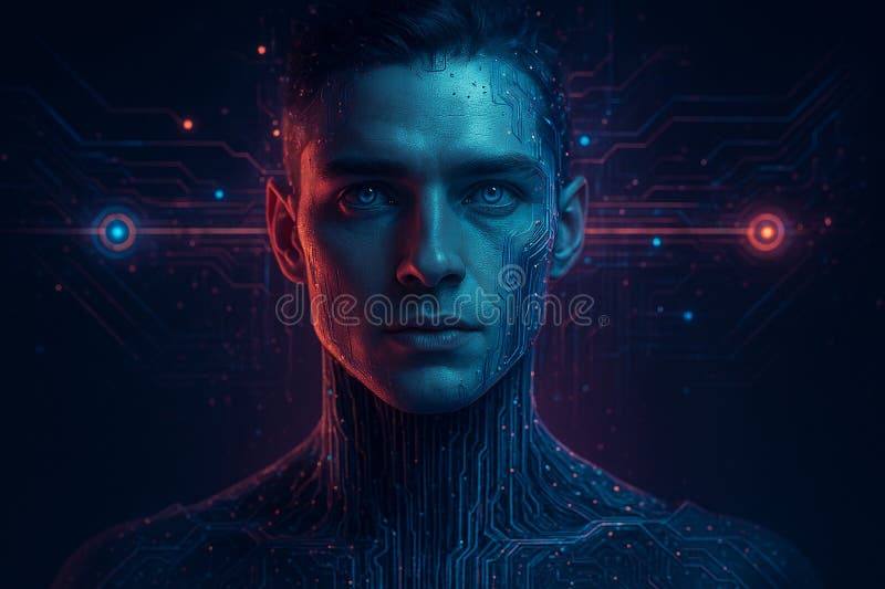 AI Generated Futuristic Male Android with Glowing Blue Eyes and ...